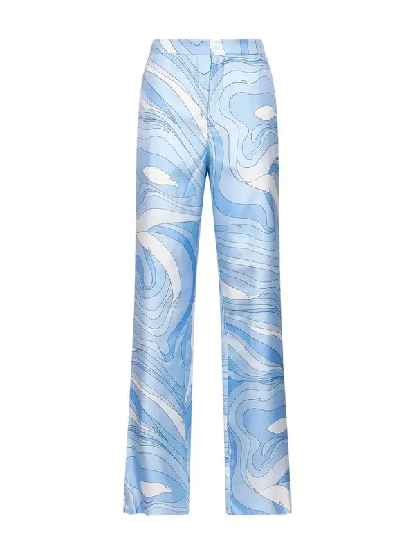 Emilio Pucci Pale Blue Marmo-print Silk Twill Trousers - Multicolor