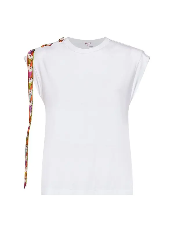 Emilio Pucci White Stretch Jersey Tank Top With Printed Tape Detail - Multicolor