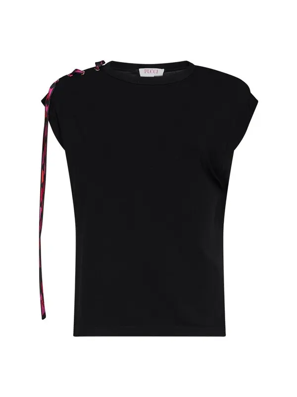 Emilio Pucci Black Stretch Jersey Tank Top With Printed Tape Detail - Multicolor