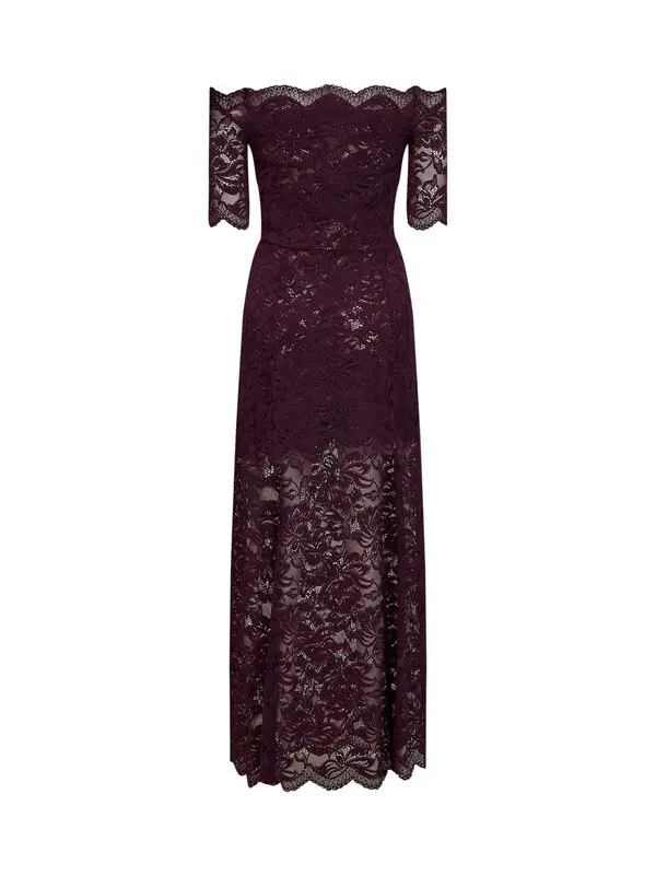 Rabanne Magenta Purple Stretch Floral Lace Layered Long Dress - Multicolor