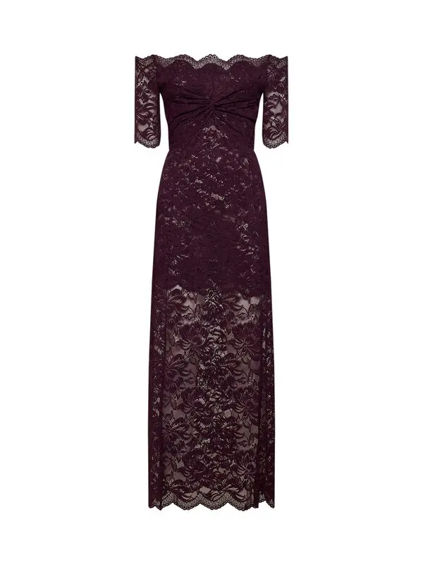 Rabanne Magenta Purple Stretch Floral Lace Layered Long Dress - Multicolor