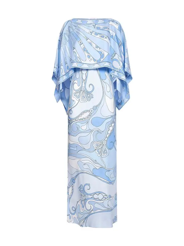 Emilio Pucci Pale Blue Orchidee-print Silk Long Dress With Sole-print Cape - Multicolor