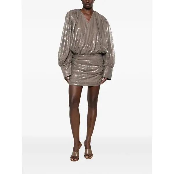 ROTATE BY BIRGER CHRISTENSEN Sequin Embellishment V-neck Long Puff Sleeve Dress - Brown