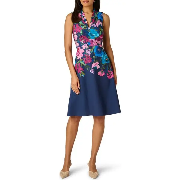 Adrianna Papell Floral V-neck Twill Dress - Navy Multi
