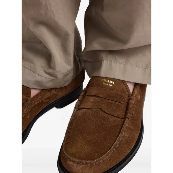 Prada Brushed Suede Loafers With Enameled Triangle Logo - Brown