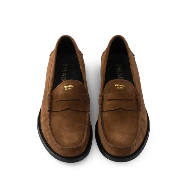 Prada Brushed Suede Loafers With Enameled Triangle Logo - Brown