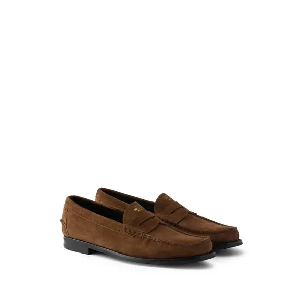 Prada Brushed Suede Loafers With Enameled Triangle Logo - Brown