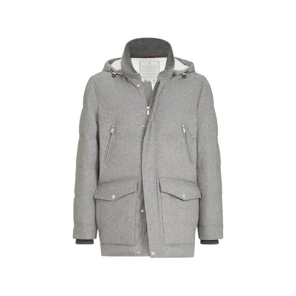 Brunello Cucinelli Grey Wool Flannel Padded Jacket With Detachable Hood - Gray