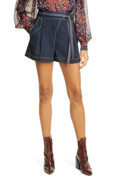 Ulla Johnson Oscar Topstitch Belted Cotton Shorts