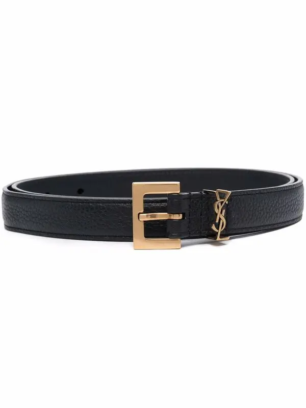 Saint Laurent Cassandre Thin Belt With Square Buckle In Grained Leather - Black