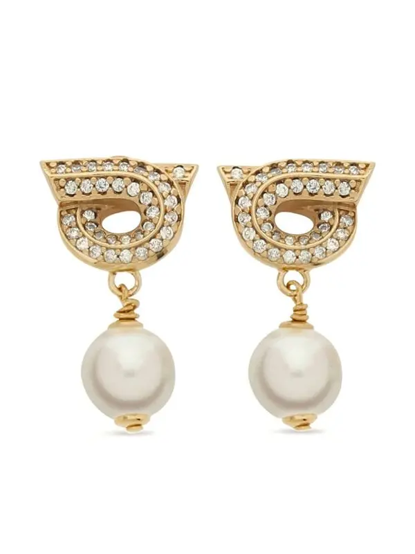 FERRAGAMO Gancini Earrings With Pearls And Crystals - Silver