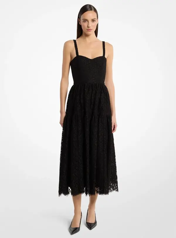 Michael Kors Floral Lace Sweetheart Midi Dress - Black