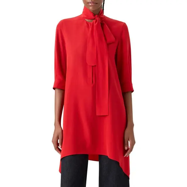 Akris Silk Crepe De Chine Tie Neck Handkerchief Hem Top - Red