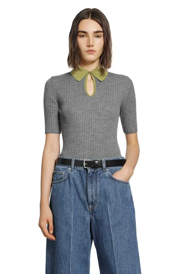 JIL SANDER Ribbed Wool Polo With Contrast Collar - Grey