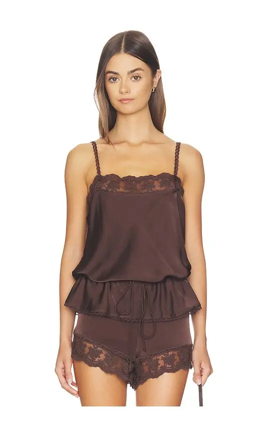 Bardot Bonita Satin Lace Trim Top - Chocolate