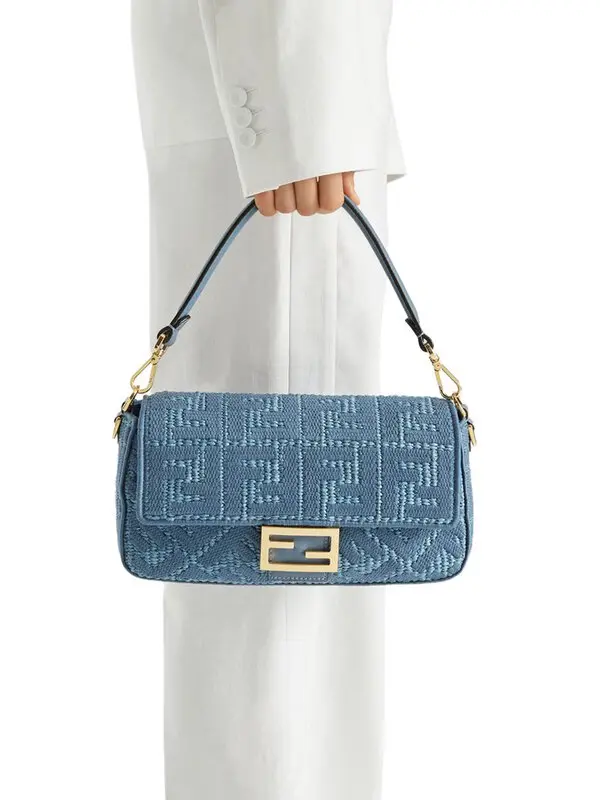 Fendi Baguette Bag In Woven Raffia With Ff Embroidery - Multicolor