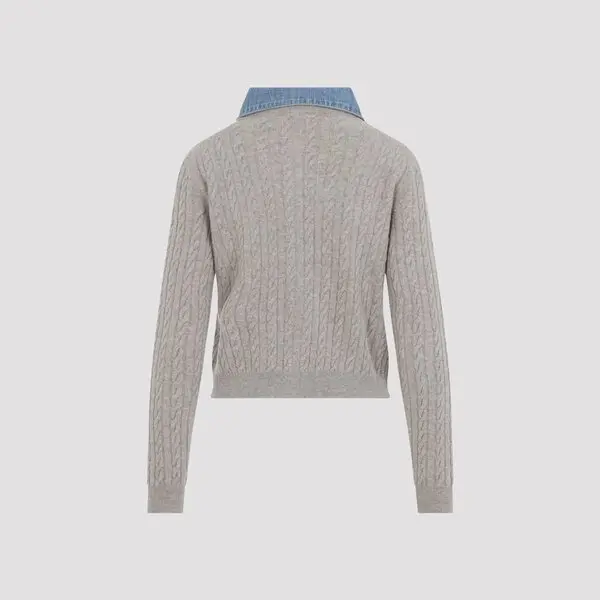 Miu Miu Cable Knit Cropped Cardigan With Denim Collar - Multicolor