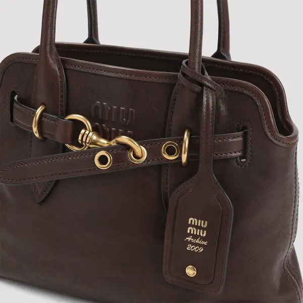 Miu Miu Leather Handbag With Belt Detailing And Gold Tone Hardware - Brown