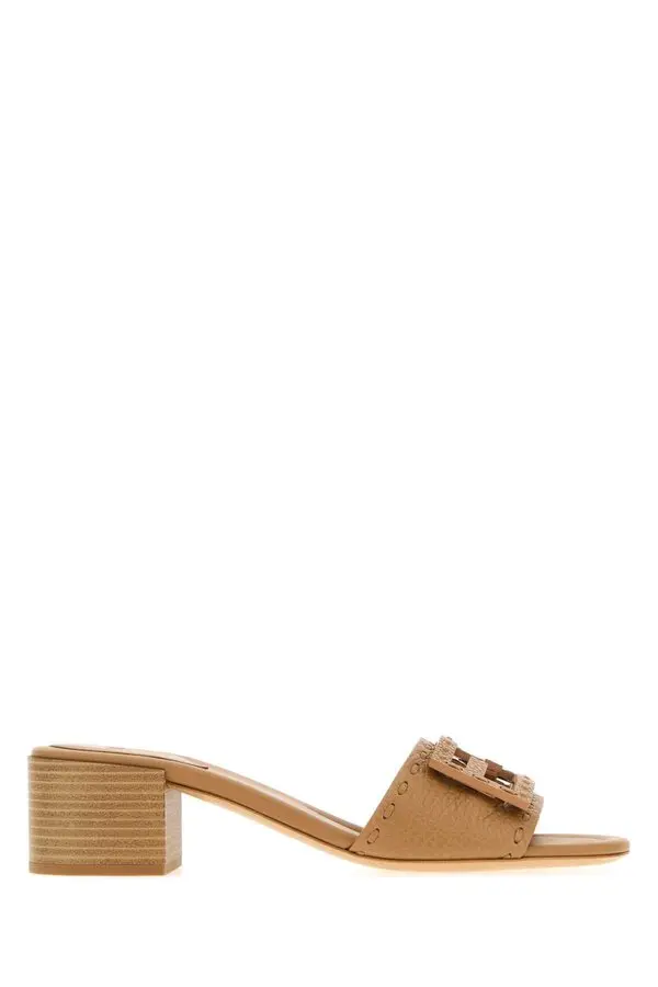 Fendi Camel Leather Baguette Mules - Brown