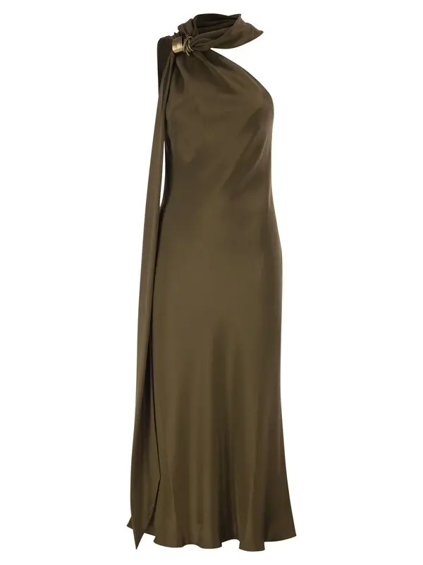 Max Mara One-shoulder Silk Long Dress With Draped Scarf - Brown