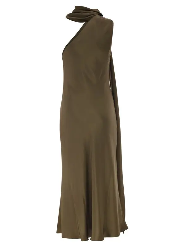 Max Mara One-shoulder Silk Long Dress With Draped Scarf - Brown