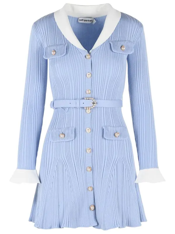 SELF-PORTRAIT Ribbed Mini Dress With Buckled Belt - Blue
