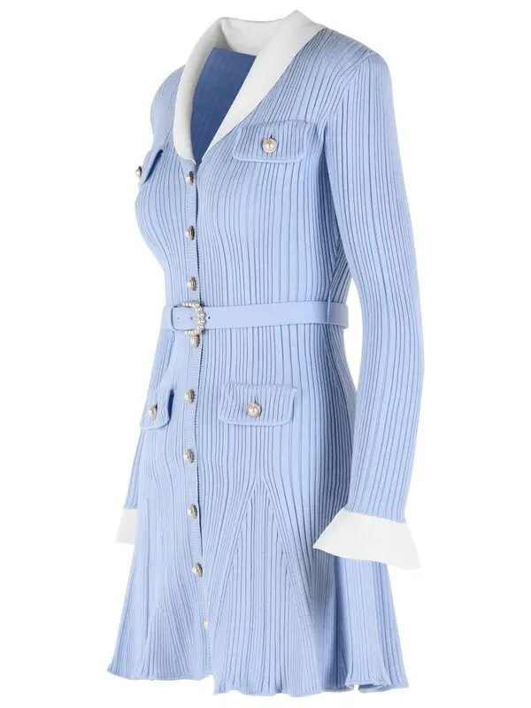 SELF-PORTRAIT Ribbed Mini Dress With Buckled Belt - Blue