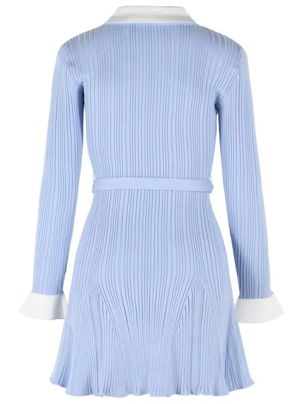 SELF-PORTRAIT Ribbed Mini Dress With Buckled Belt - Blue