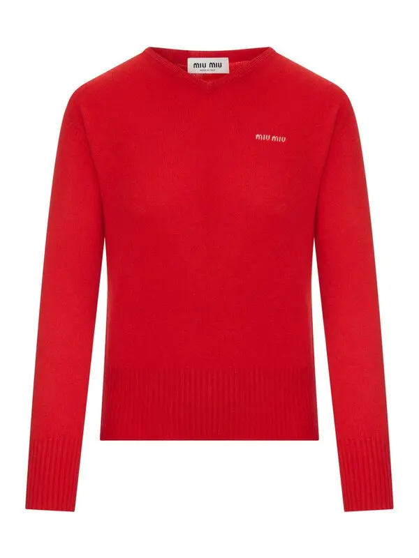Miu Miu Cashmere V-neck Sweater With Logo - Red