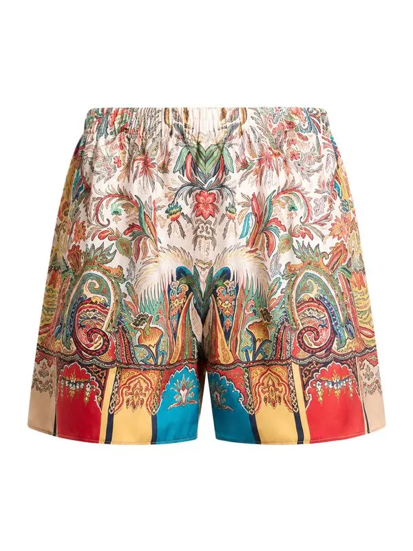 Etro Peau D'ange Silk Shorts With Paisley Foliage Motif - Multicolor