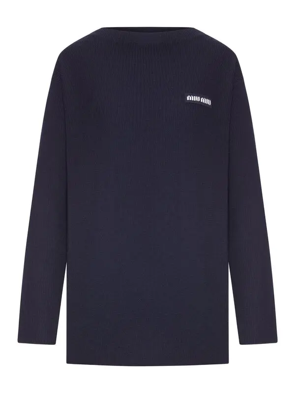 Miu Miu Oversized Ribbed Knit Sweater With Logo - Blue
