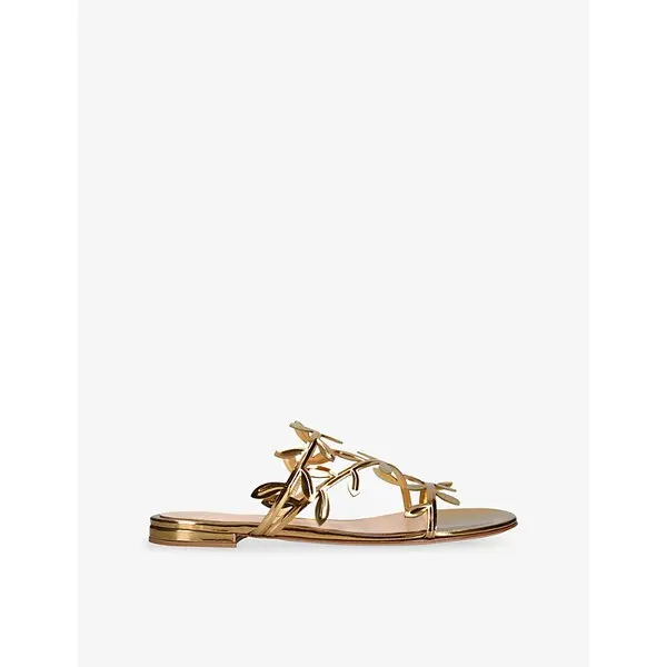GIANVITO ROSSI Flavia Flat Leather Sandals With Floral Embellishment - Gold