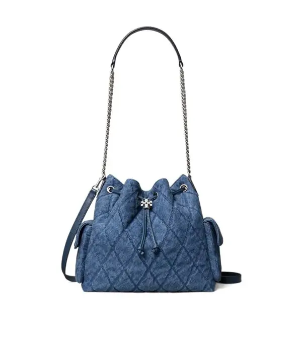 Tory Burch Charlie Quilted Denim Drawstring Shoulder Bag