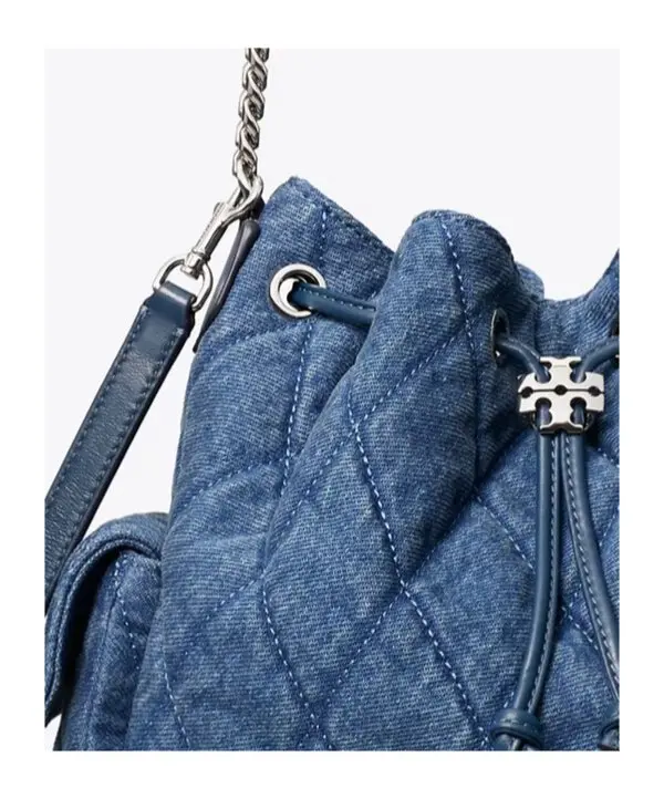 Tory Burch Charlie Quilted Denim Drawstring Shoulder Bag