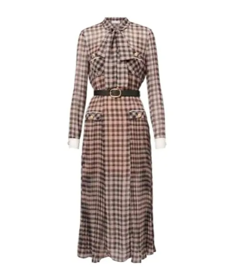 SELF-PORTRAIT Plaid Midi Shirt Dress With Bow Detail