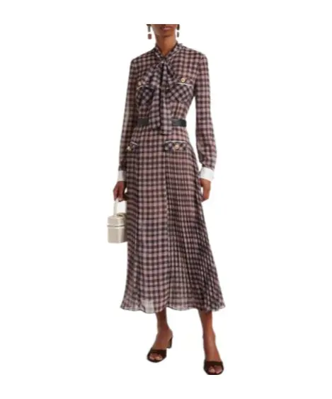 SELF-PORTRAIT Plaid Midi Shirt Dress With Bow Detail