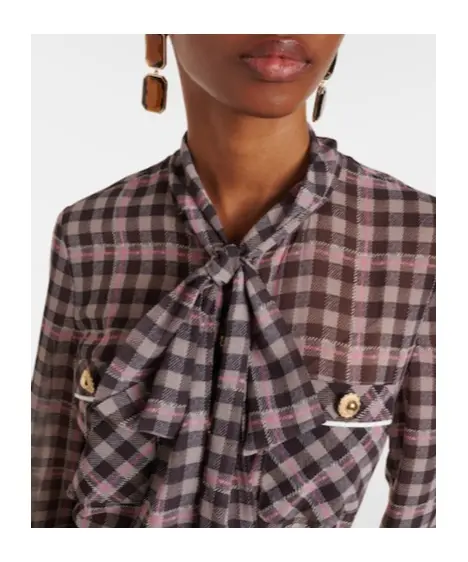 SELF-PORTRAIT Plaid Midi Shirt Dress With Bow Detail