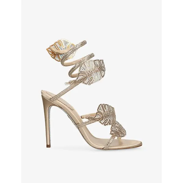 Rene Caovilla Jewel Leaf Embellished Satin Stiletto Sandals
