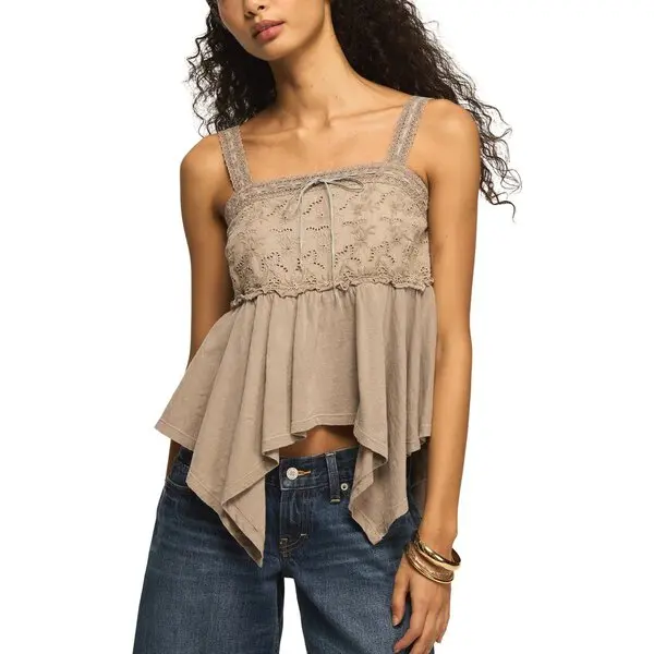 Lucky Brand Eyelet Yoke Handkerchief Hem Tank