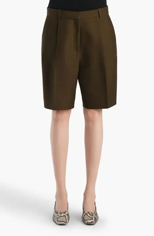 Khaite Auggie Pleated Wool & Silk Wide-leg Shorts - Dark Olive