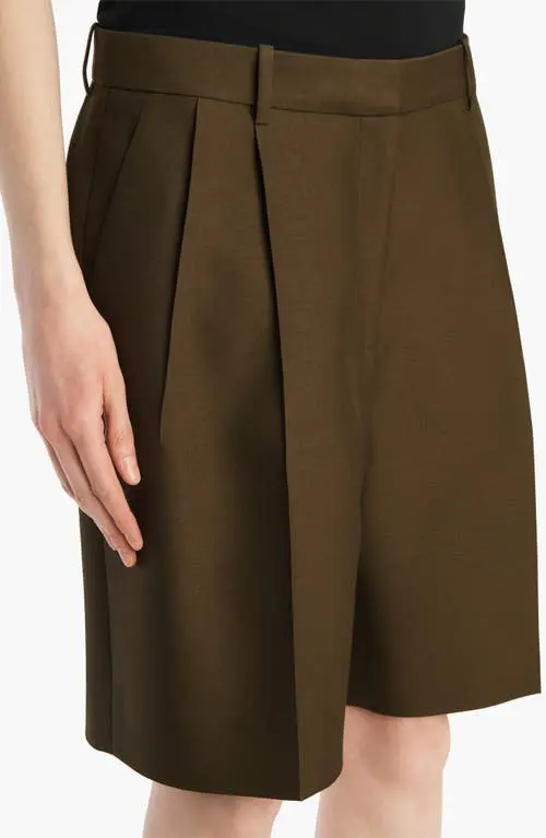 Khaite Auggie Pleated Wool & Silk Wide-leg Shorts - Dark Olive