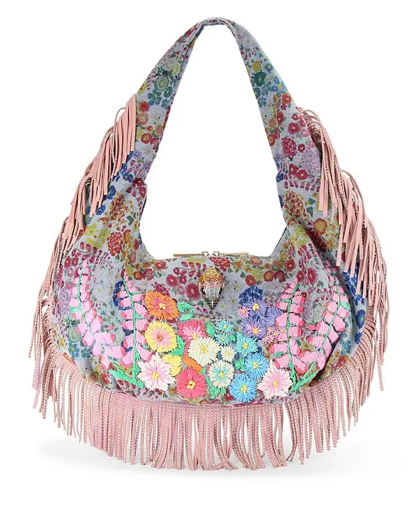 Kurt Geiger Shoreditch Fringe Large Embroidered Denim Hobo Bag - Light/pastel
