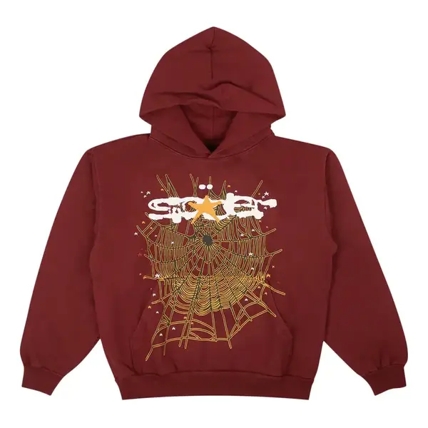 SP5DER Hoodie With Spider Web Graphic - Burgundy/white