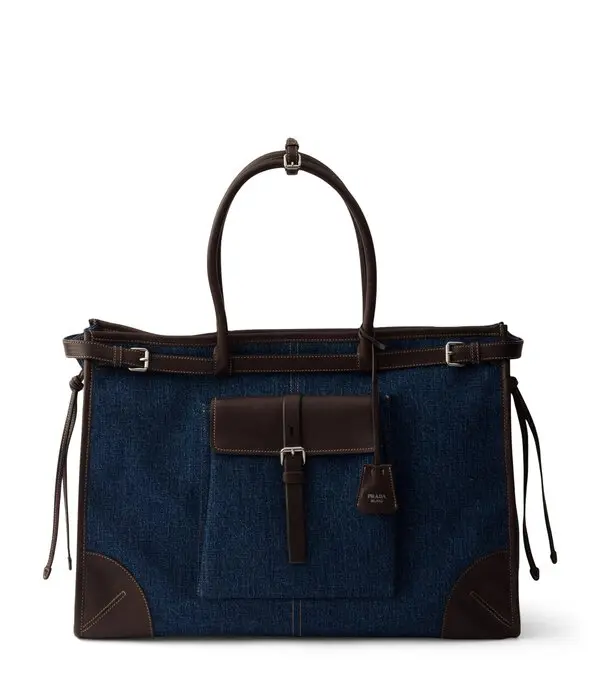 Prada Denim And Leather Bonnie Tote Bag - Blue