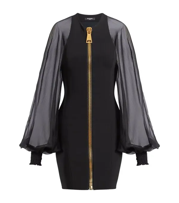 Balmain Jersey Zip Mini Dress With Sheer Balloon Sleeves