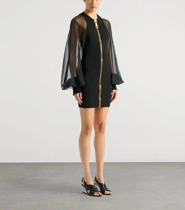 Balmain Jersey Zip Mini Dress With Sheer Balloon Sleeves