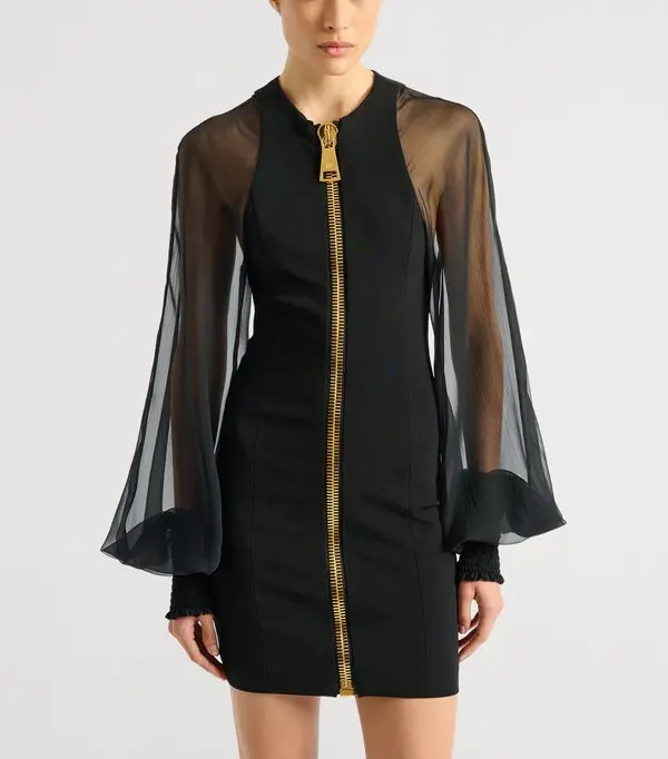 Balmain Jersey Zip Mini Dress With Sheer Balloon Sleeves