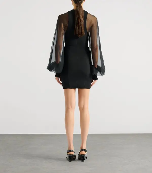 Balmain Jersey Zip Mini Dress With Sheer Balloon Sleeves