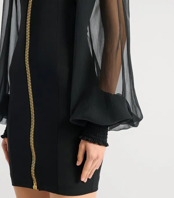 Balmain Jersey Zip Mini Dress With Sheer Balloon Sleeves