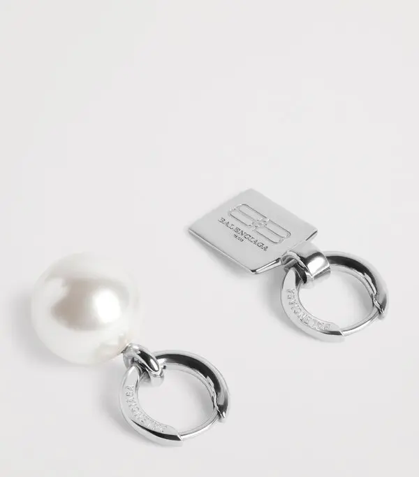 Balenciaga Malibu Asymmetrical Pearl And Logo Hoop Earrings
